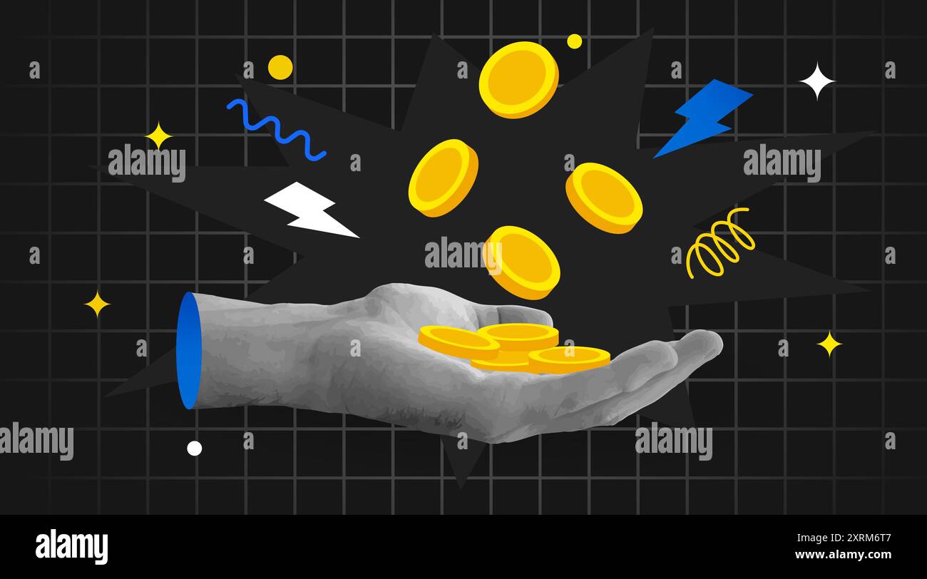 Retro collage. Hand catching falling money. Income or investment ...