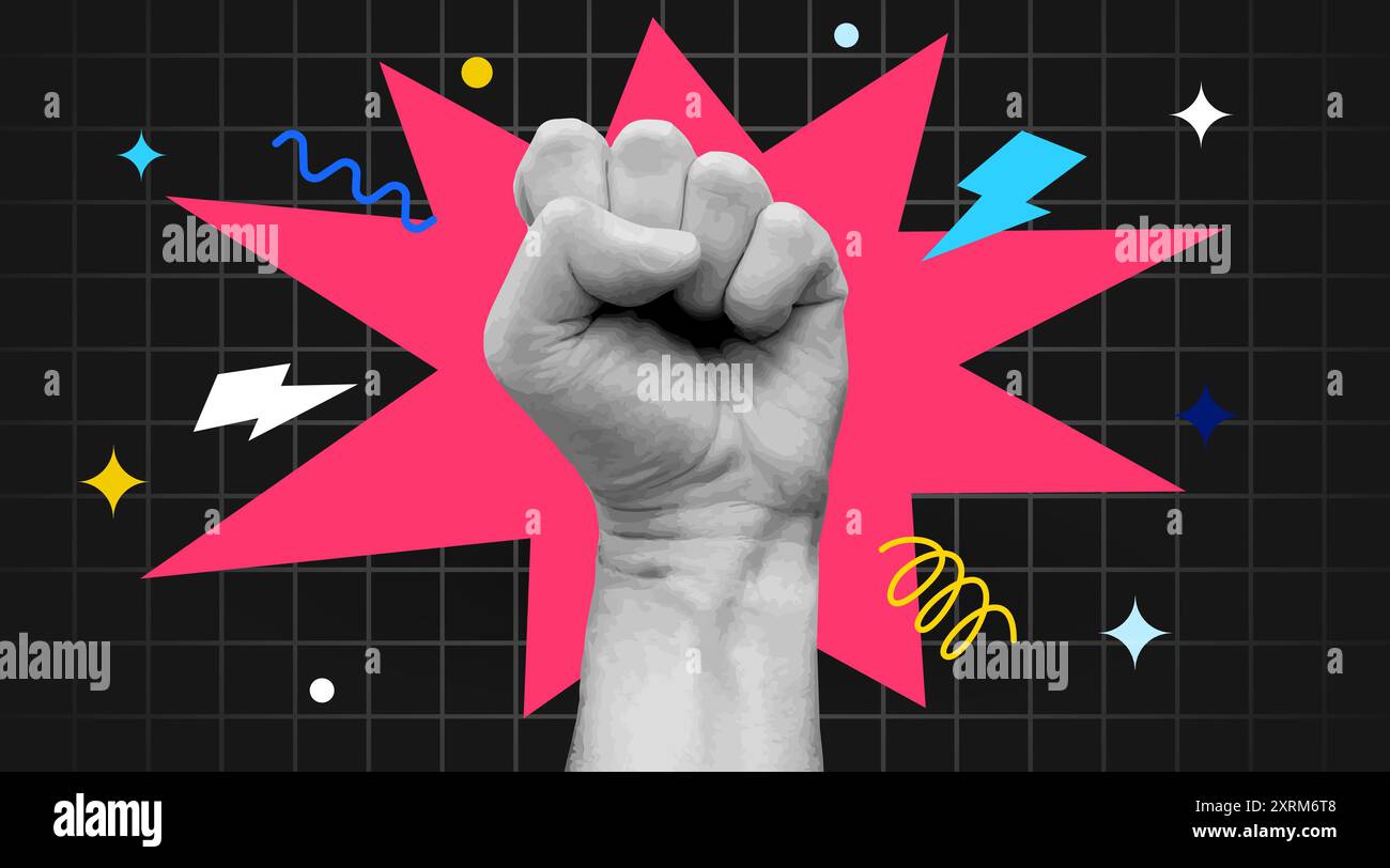 Trendy Retro Collage Raised Fist up. Demonstration of protest. Magazine ...