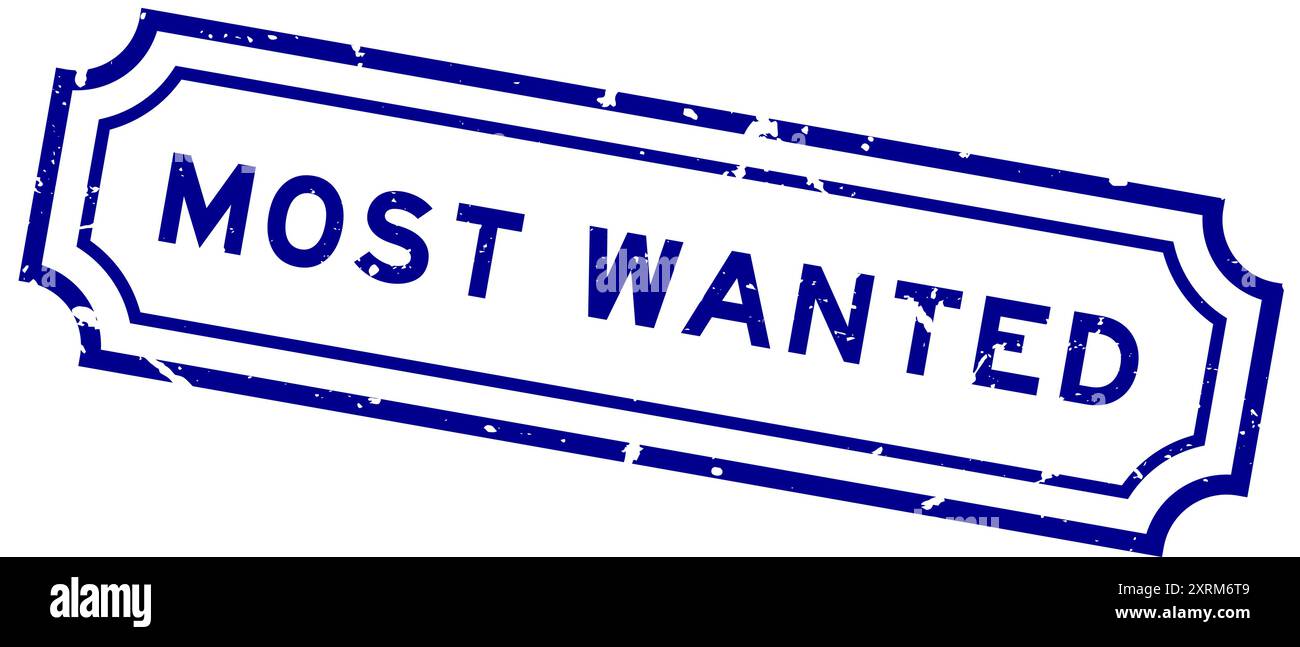 Grunge blue most wanted word rubber seal stamp on white background ...