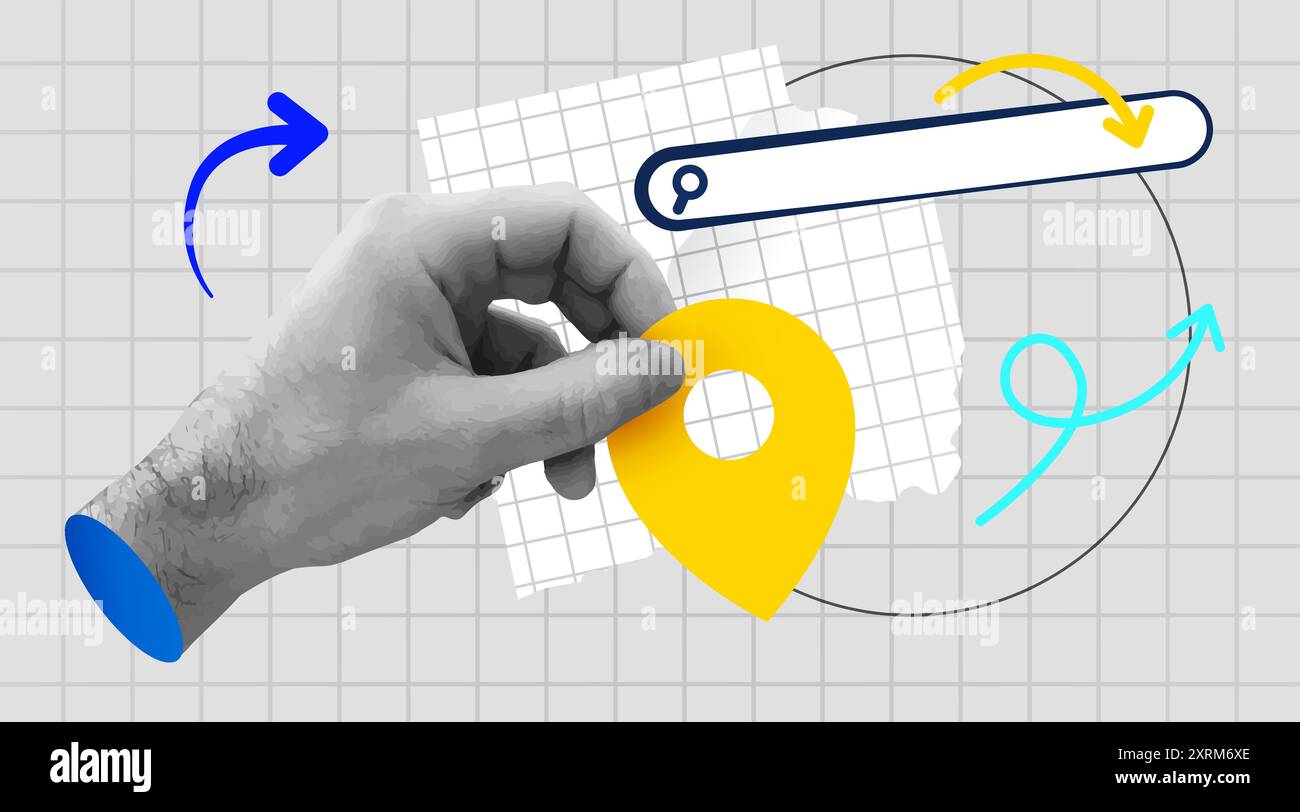 Retro collage with hand holding map marker with search bar. Vector ...