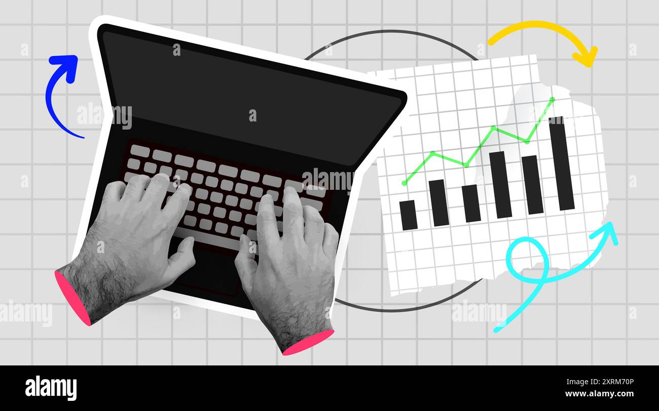 Retro collage. Human hands and laptop. Concept of accounting and ...