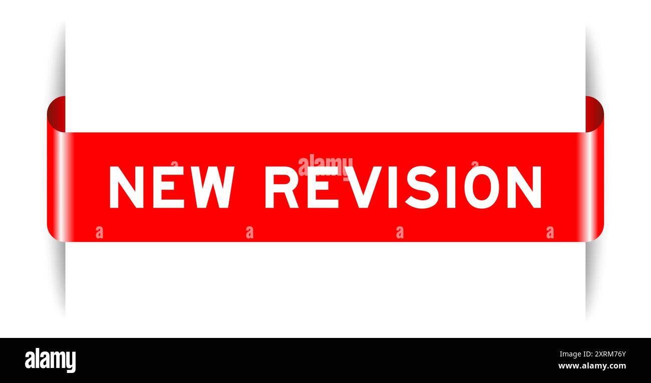 Red color inserted label banner with word new revision on white ...