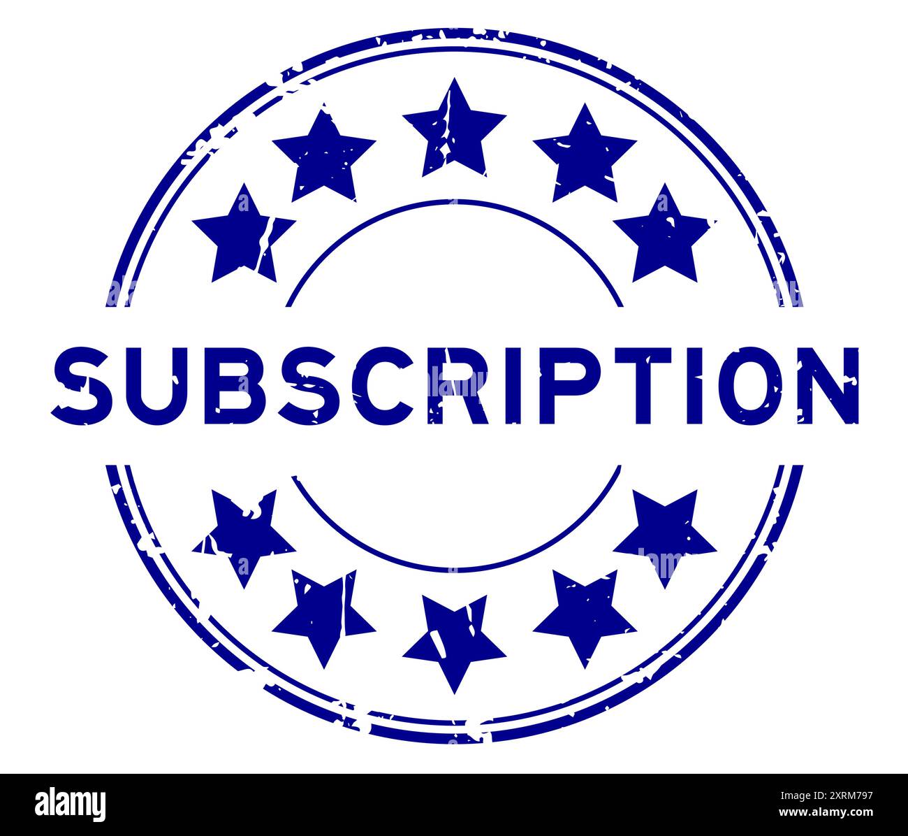 Grunge blue subscription word with star icon round rubber seal stamp on ...