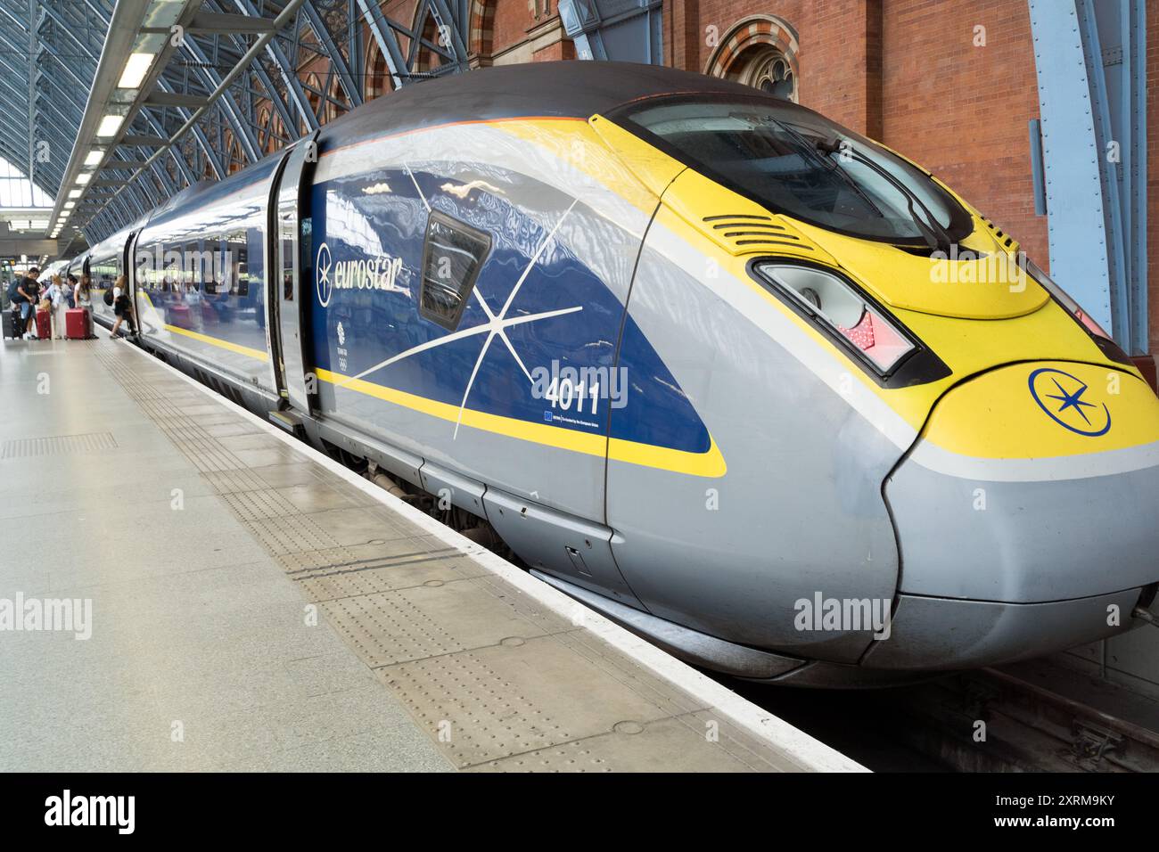 front view of Eurostar trains on a platform at St Pancras International ...