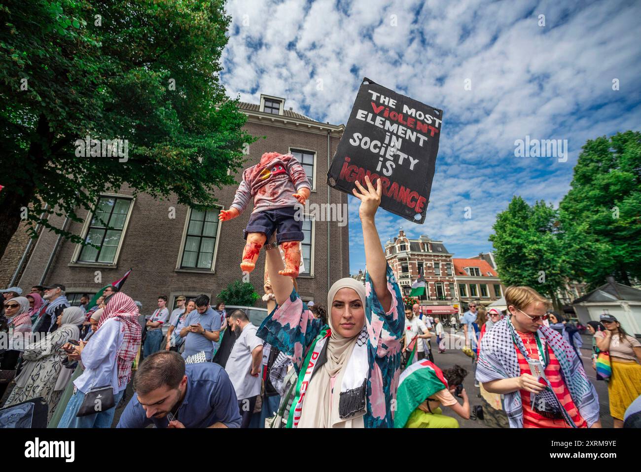 Young Palestinian demonstrator holds a placard and headless baby doll ...