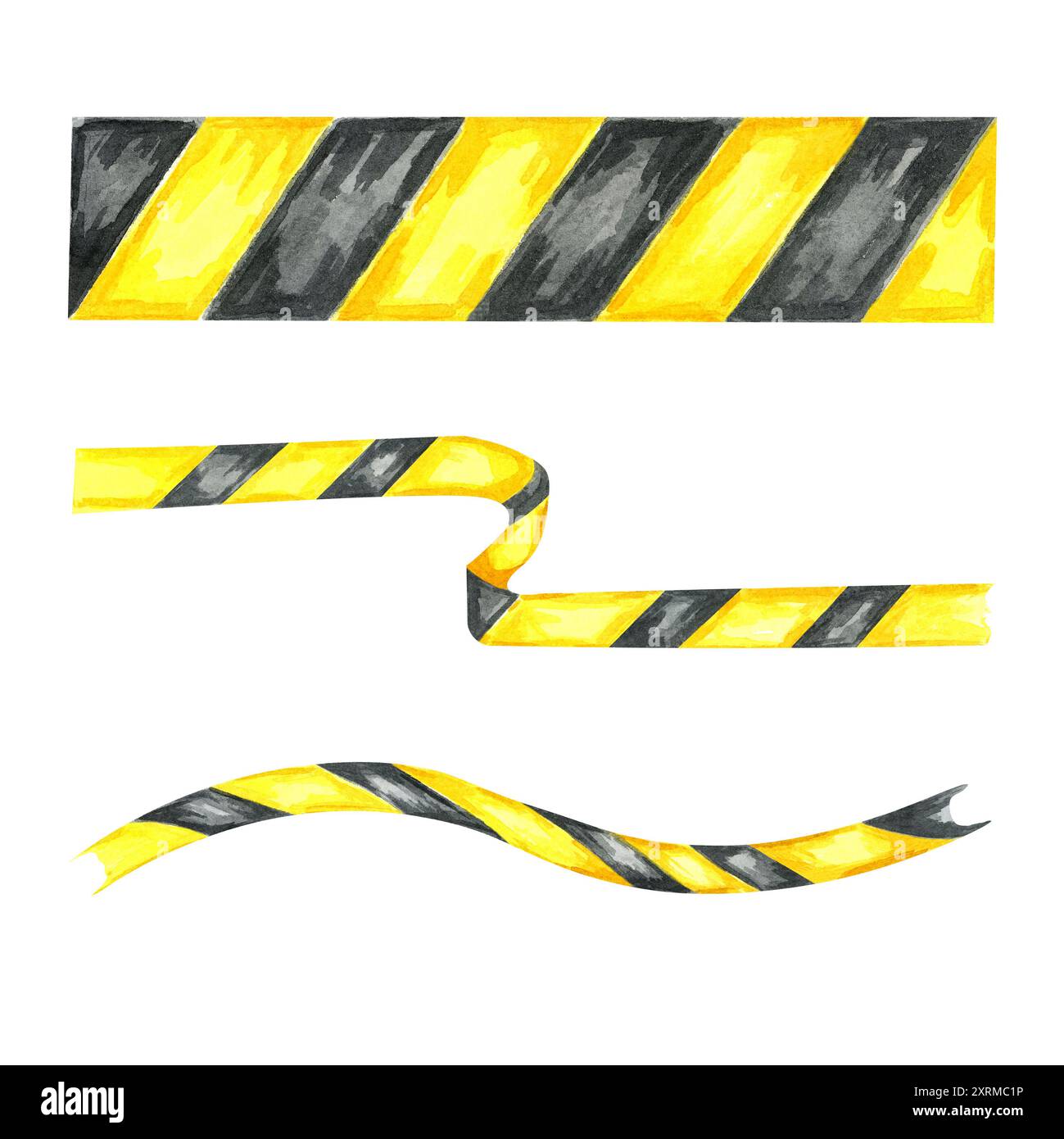 Set of black and yellow striped safety tapes. Watercolor clipart of the ...