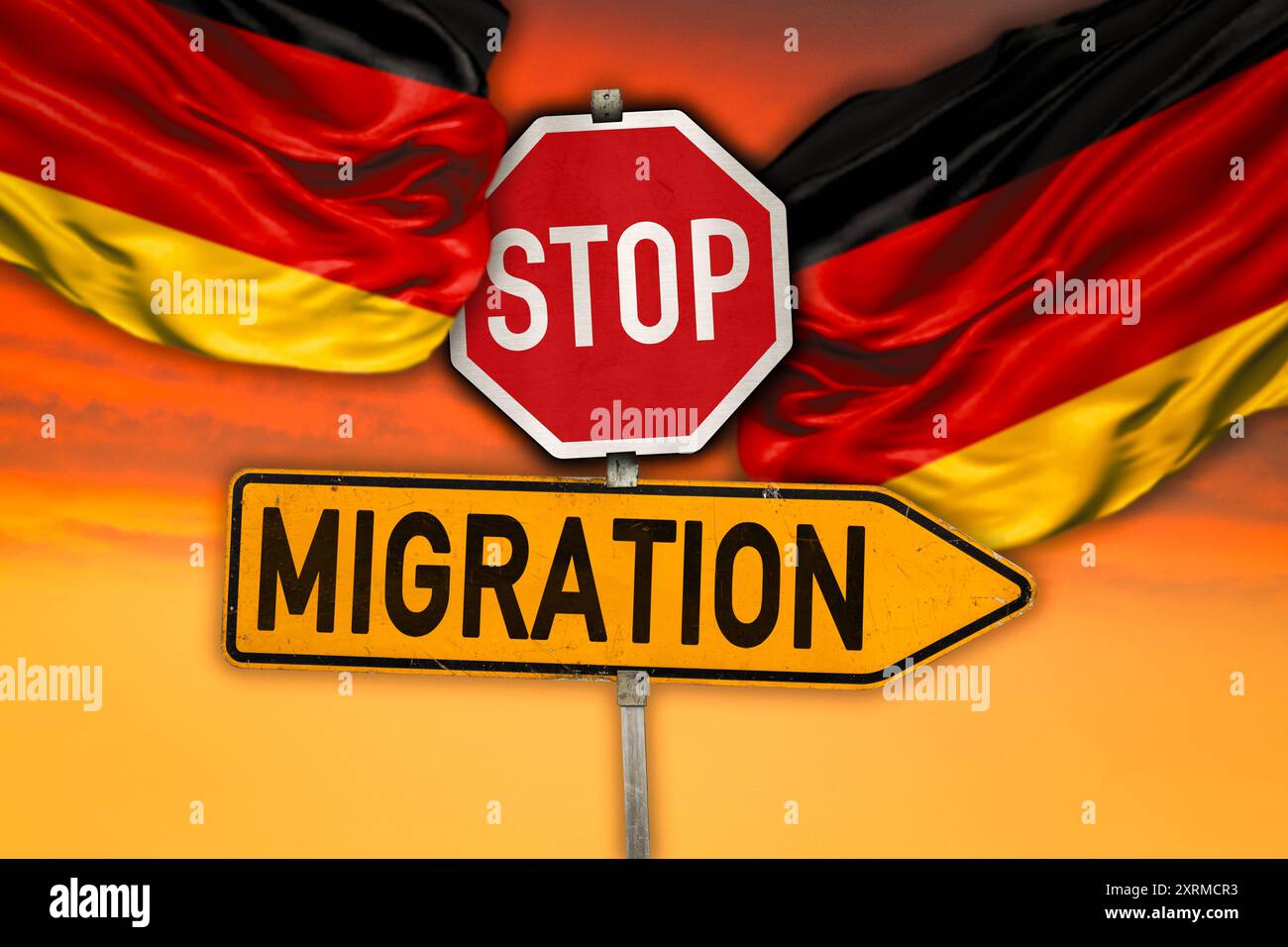 11 August 2024: A stop sign with the inscription: Migration, in front ...