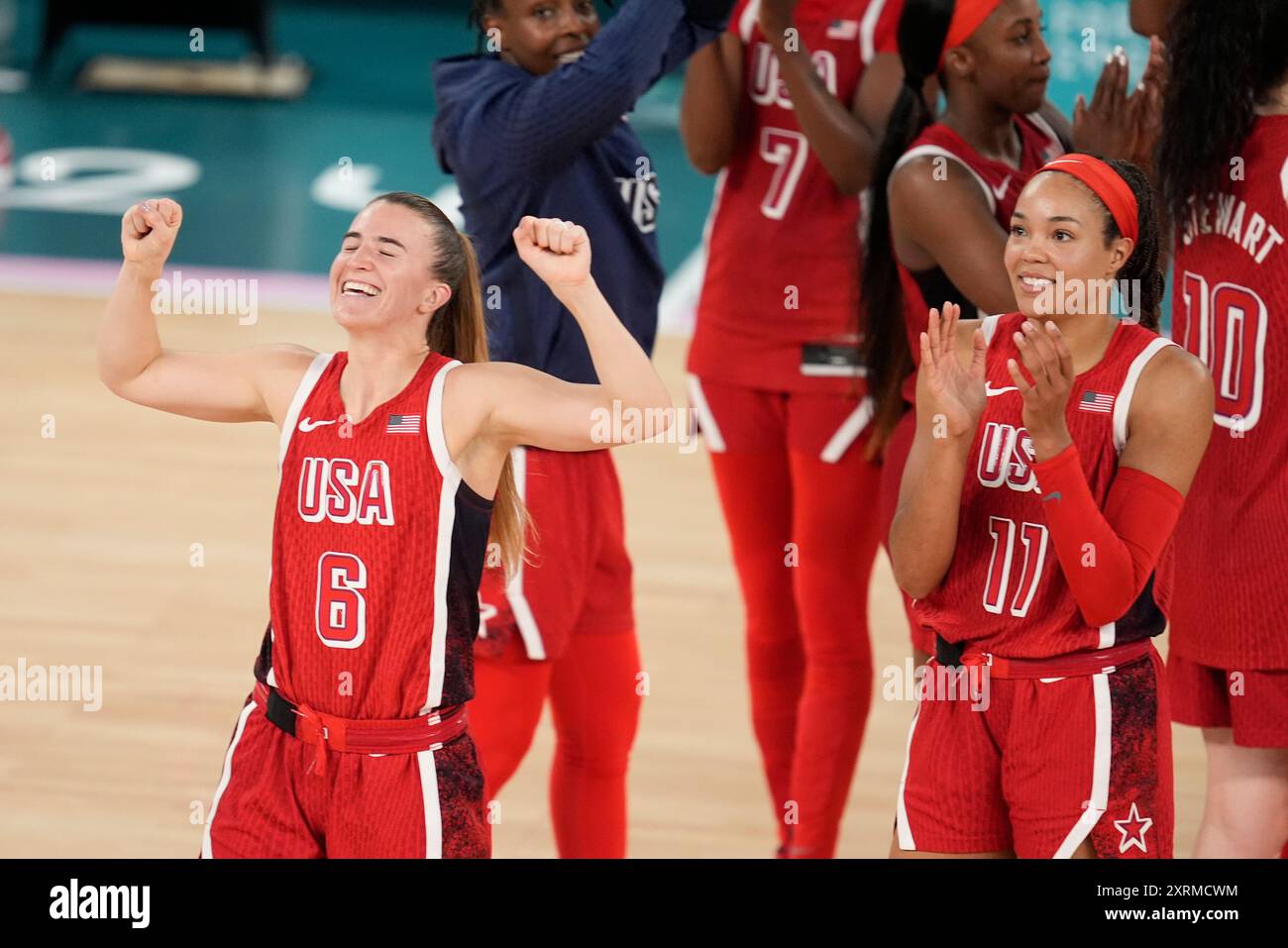 United States' Sabrina Ionescu (6) reacts after a women's gold medal ...