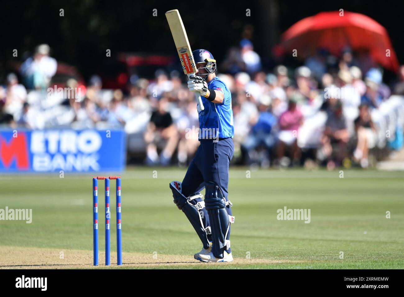 Canterbury, England. 11th Aug 2024. Harry Finch celebrates reaching a ...
