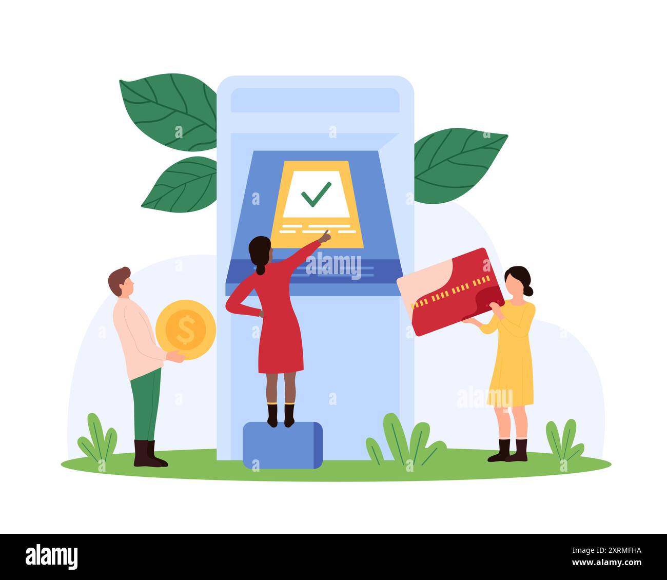 Withdrawing money from bank account at ATM, automated transaction. Tiny ...