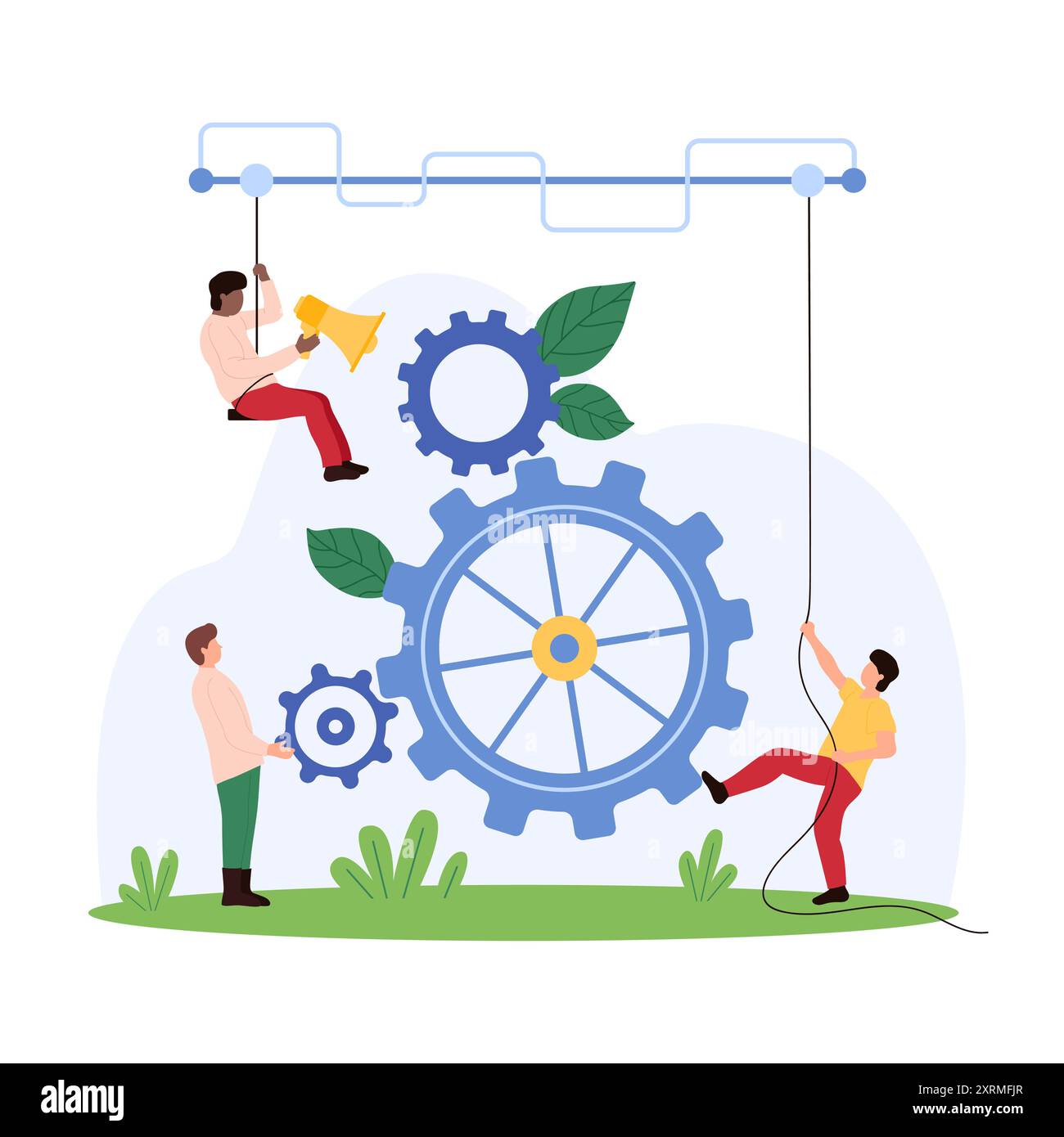 Engineers working together to assemble large gears. One engineer uses a ...