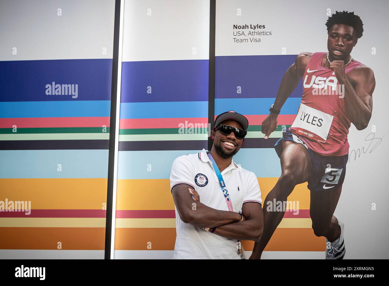 American Olympic champion Noah Lyles poses before an interview in Paris ...