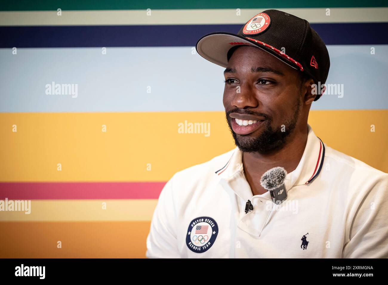 American Olympic champion Noah Lyles speaks before an interview in ...