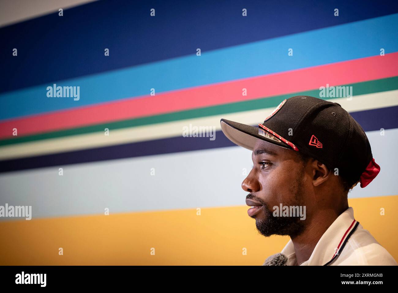 American Olympic champion Noah Lyles speaks before an interview in ...