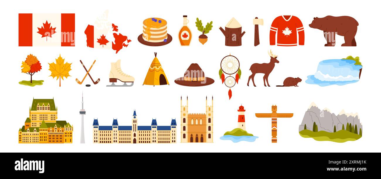 Travel to Canada set, famous landmark and national culture symbols ...