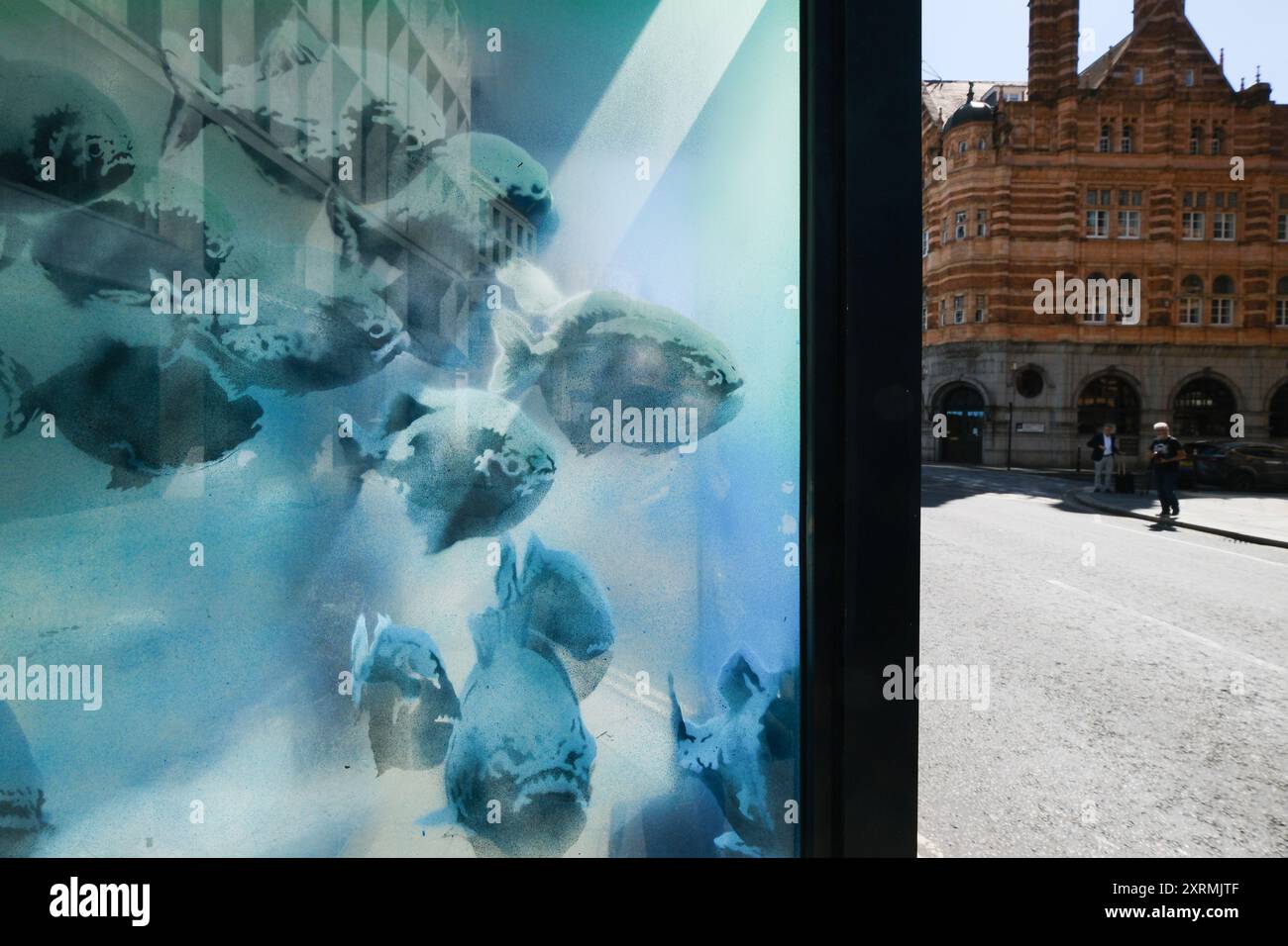 City of London, UK. 11th Aug 2024. 'Banksy' Piranha fish appear in City ...