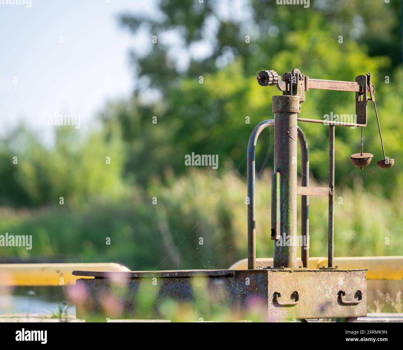 Vintage floor scale in the fishing port. A vintage rusty industrial ...