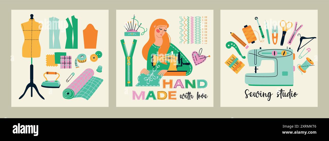 Illustrations set banners of sewing tools icons tailor hand made ...