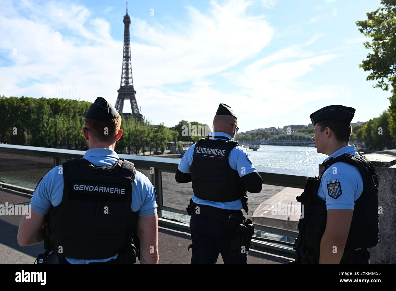 Paris, France. 11th Aug, 2024. Gendarmerie security forces patrol not far from the Eiffel Tower ...