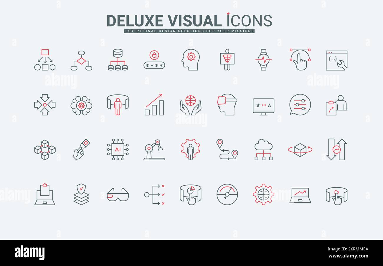 AI smart technology line icons set. Robot and VR glasses, digital data ...