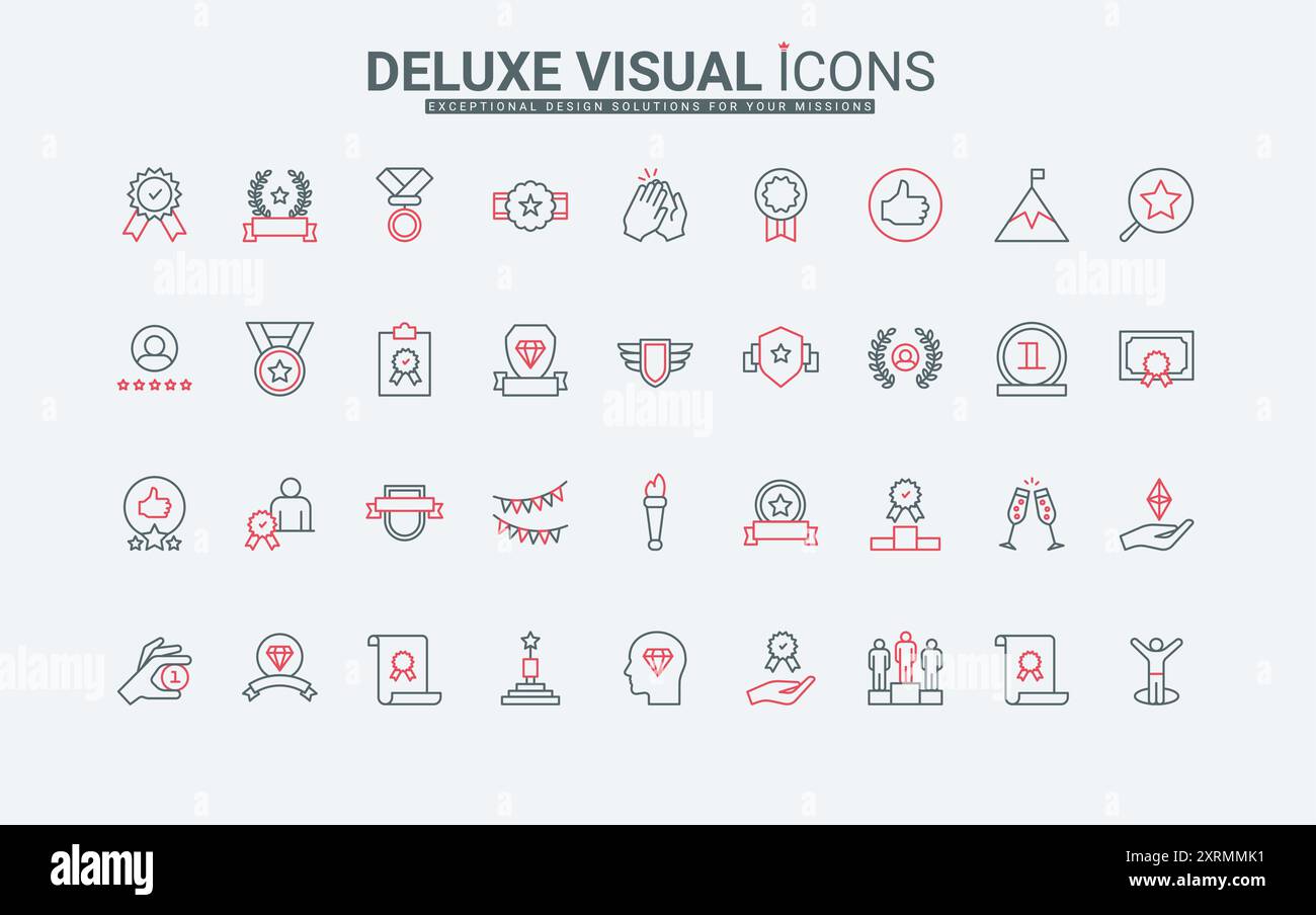 Winners award line icons set. Medal and wreath badge for achievement ...