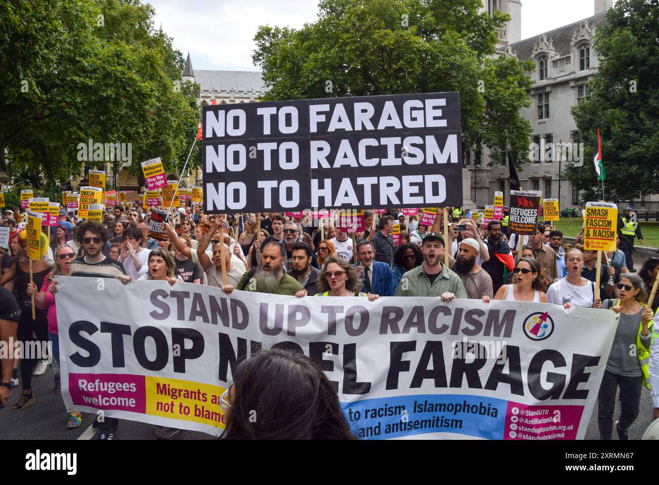 London, UK. 10th August 2024. Protesters march in Westminster against ...