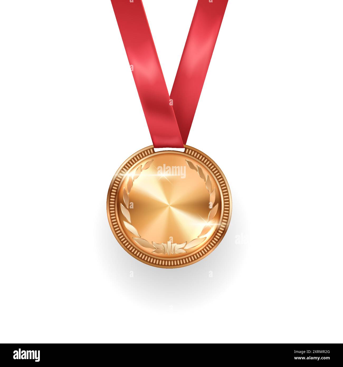Shiny mockup golden medal on red ribbon realistic vector illustration ...