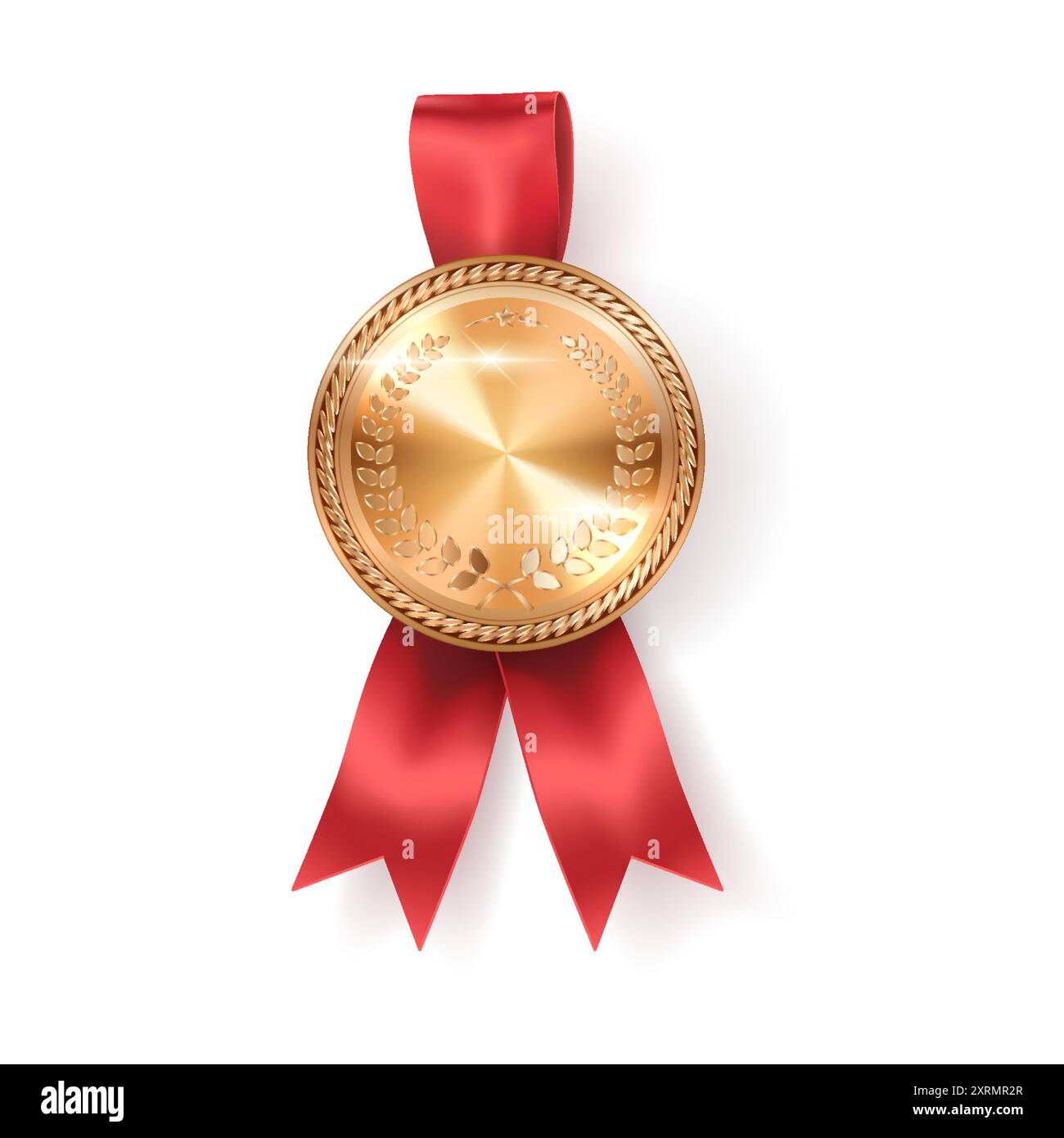 Glittering gold medal badge with red ribbon realistic vector ...