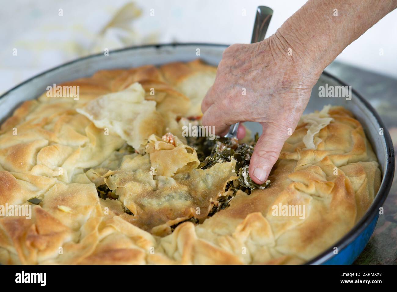 Close up of an old woman hand taking pie filling with a fork. Serving ...