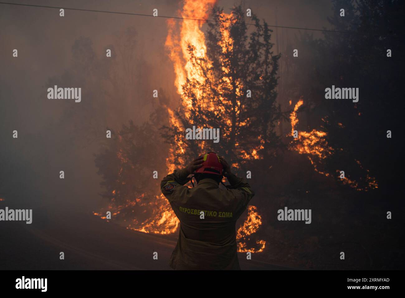 A firefighter adjusts his helmet in Varnava village during a wildfire ...