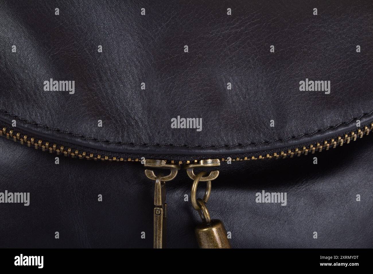 Swatch of black leather texture with golden zip fastener close-up Stock ...