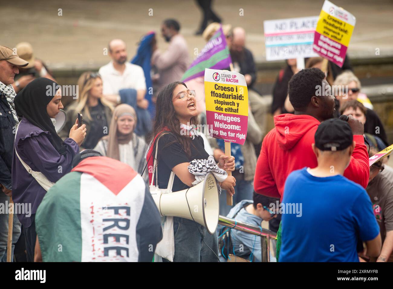 Swansea. Wales. Protesters march at a anti-racist protest organised by ...