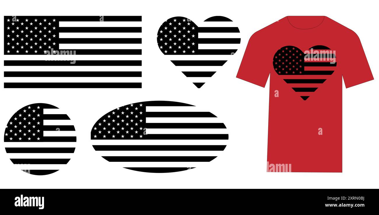 Black detail US flags of various designs with knockouts, mockup t shirt ...
