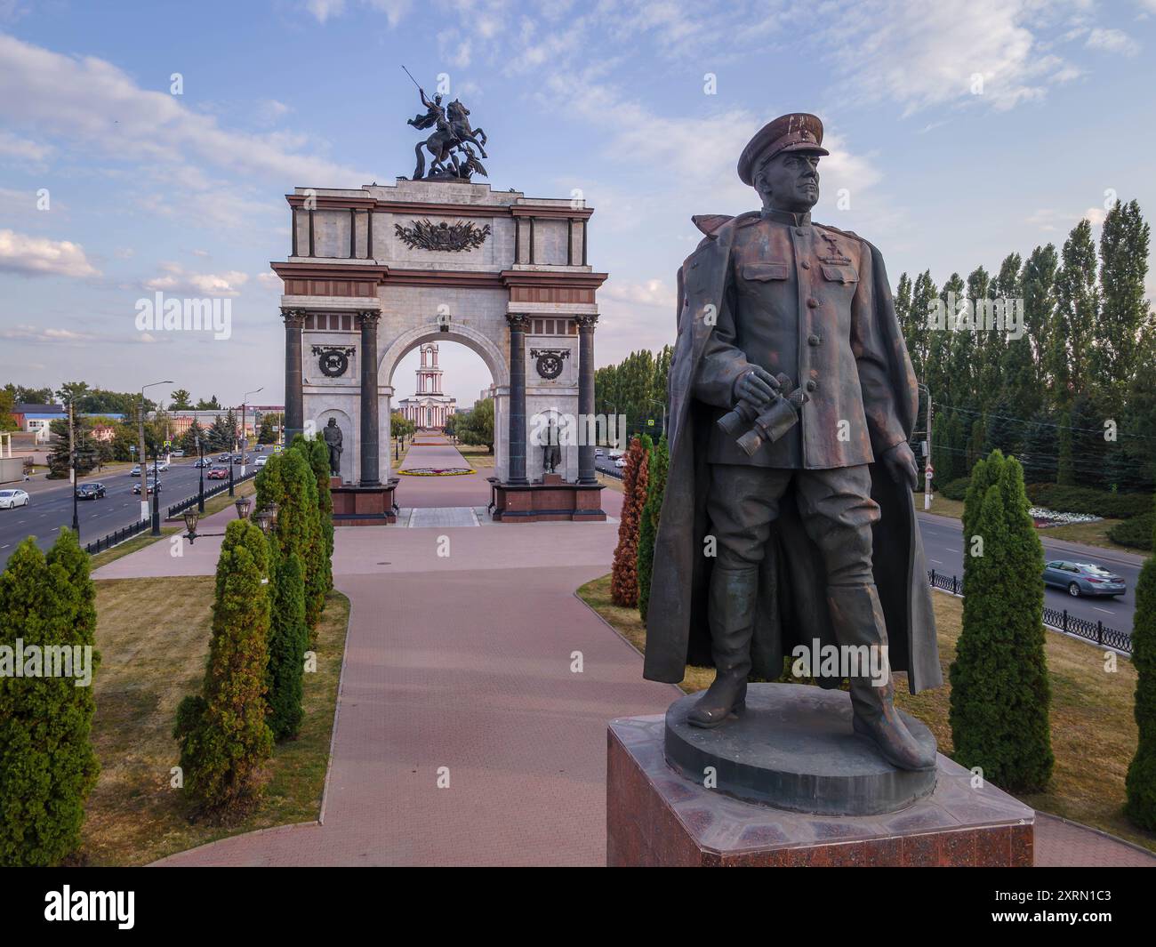 The Triumphal Arch and the statue of Georgy Zhukov, a Soviet Marshal ...