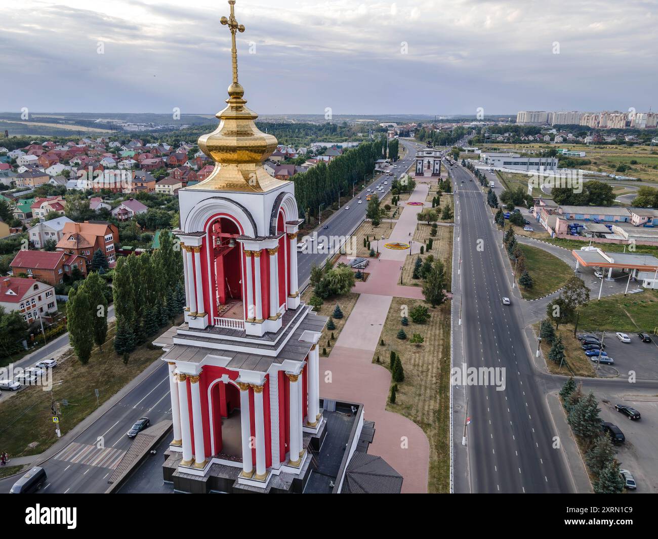 The aerial view of Kursk Victory Memorial in Russia, with the Orthodox ...