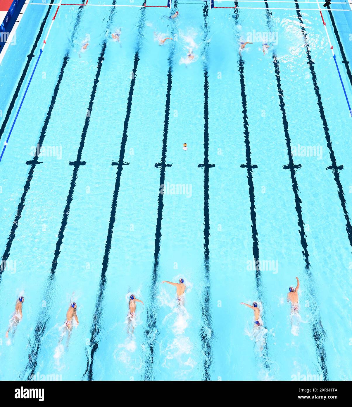 Paris, France. 11th Aug, 2024. Players compete during the water polo ...
