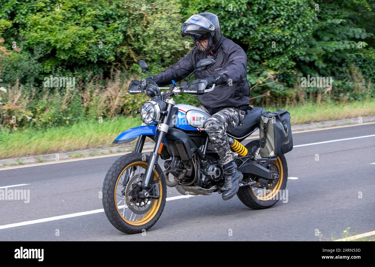 Potterspury,Northants,UK - Aug 11th 2024: man riding a 2021 blue Ducati ...