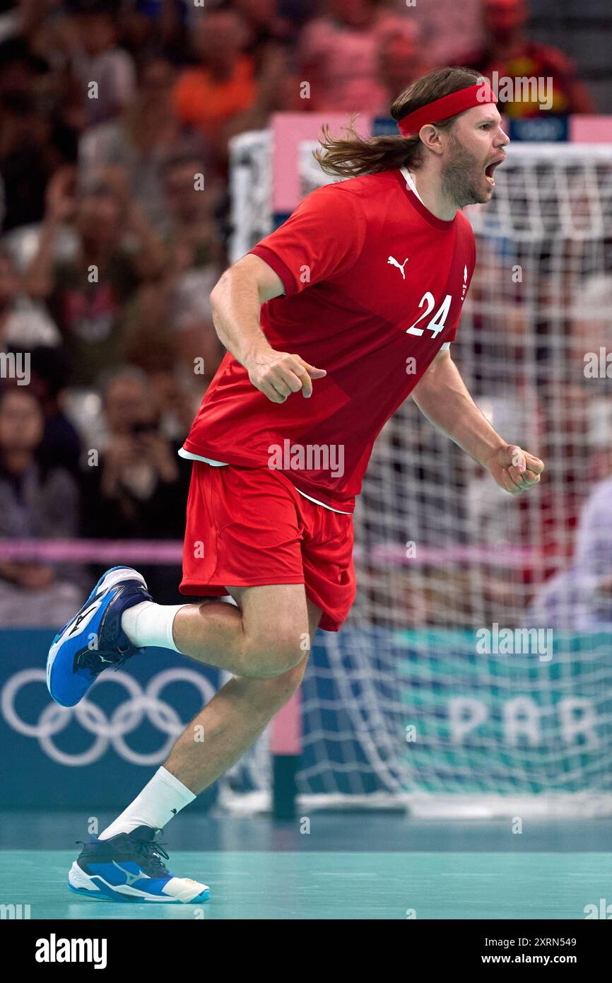 Lille, France. 11th Aug, 2024. Mikkel Hansen of Denmark reacts during ...