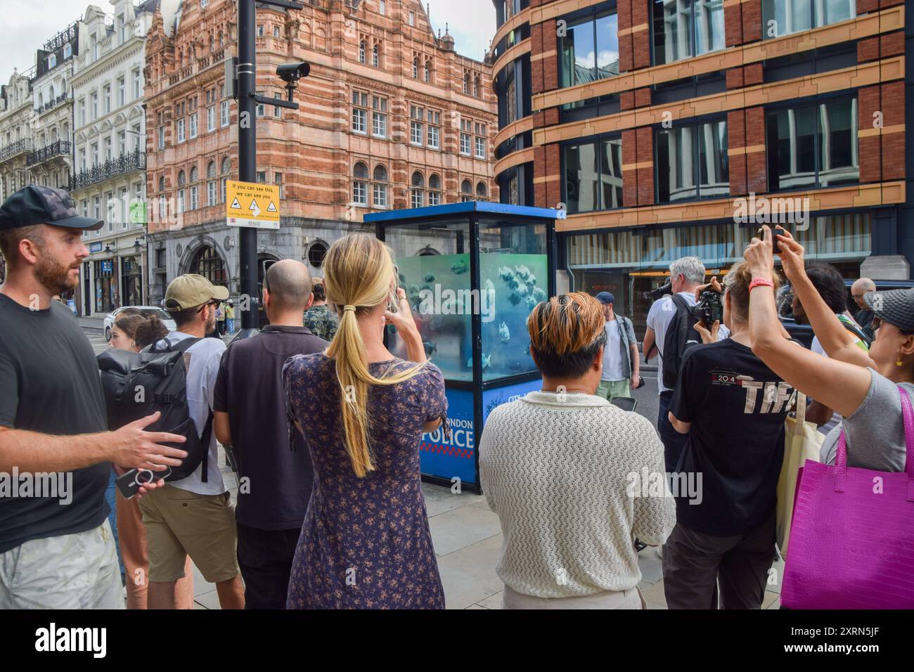 Crowds take photos of the police sentry box in the City of London with ...