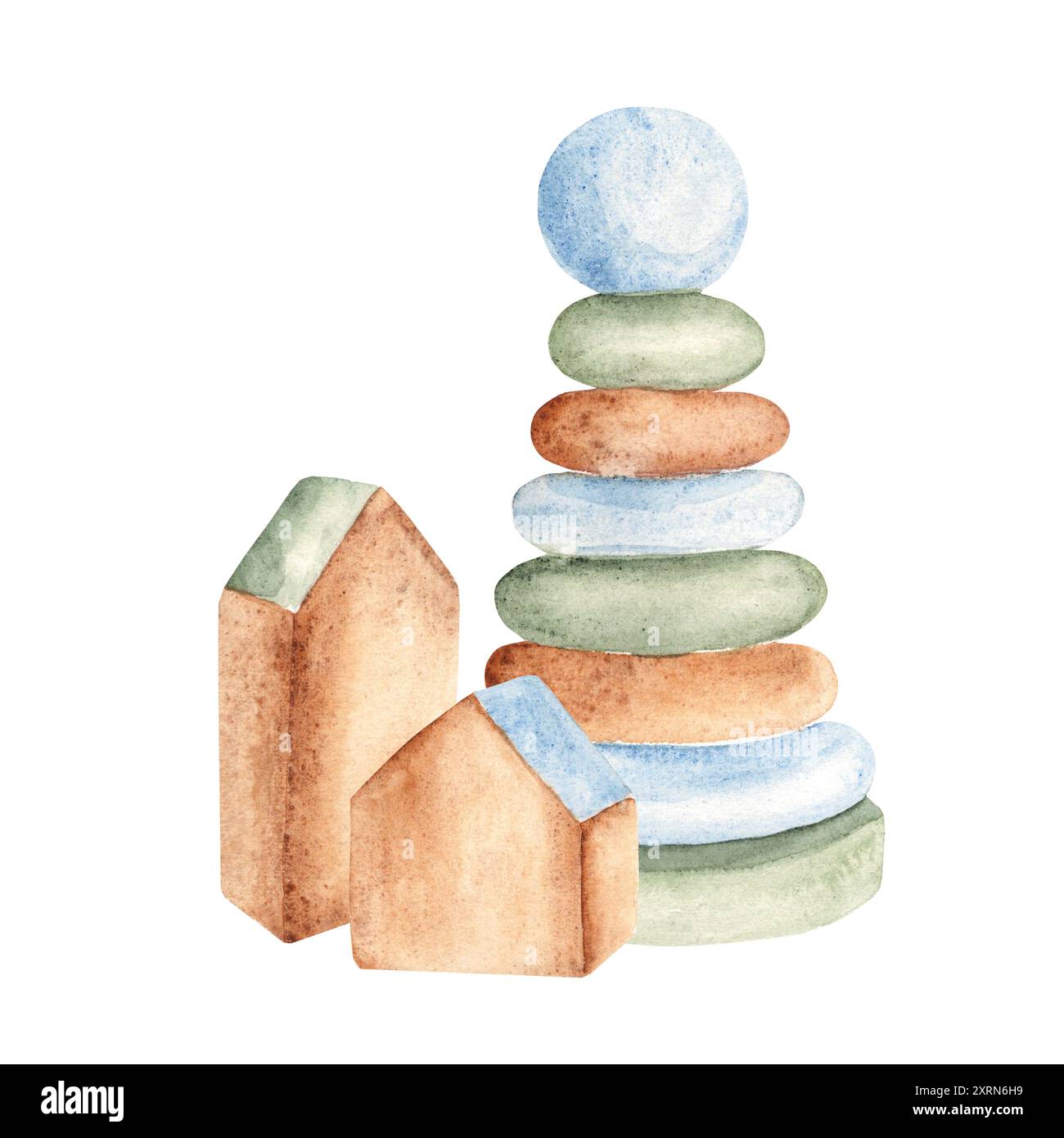 Eco baby toys. Composition of Wooden cubes, houses and pyramid ...