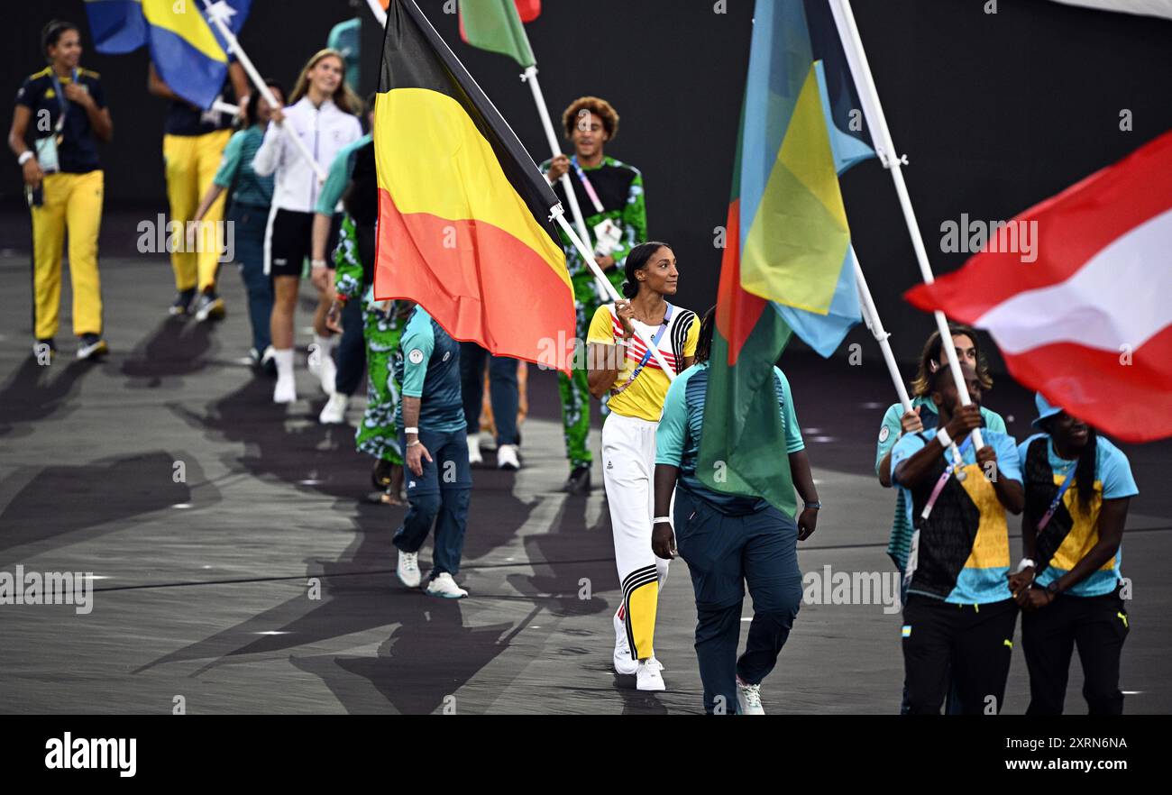 Paris, France. 11th Aug, 2024. Belgian athlete Nafissatou Thiam carries ...