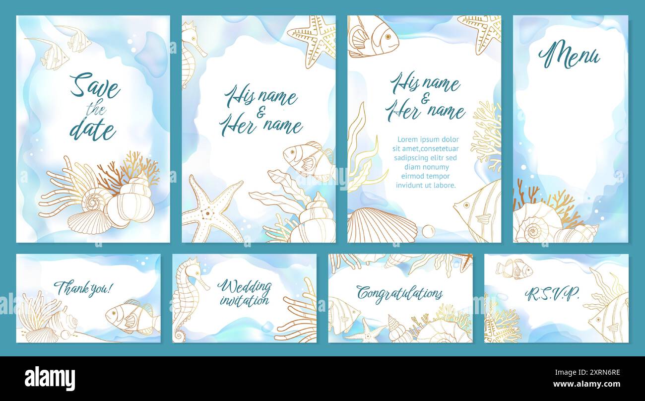 Beach wedding invitation. Summer sea ocean frame, watercolor and gold ...