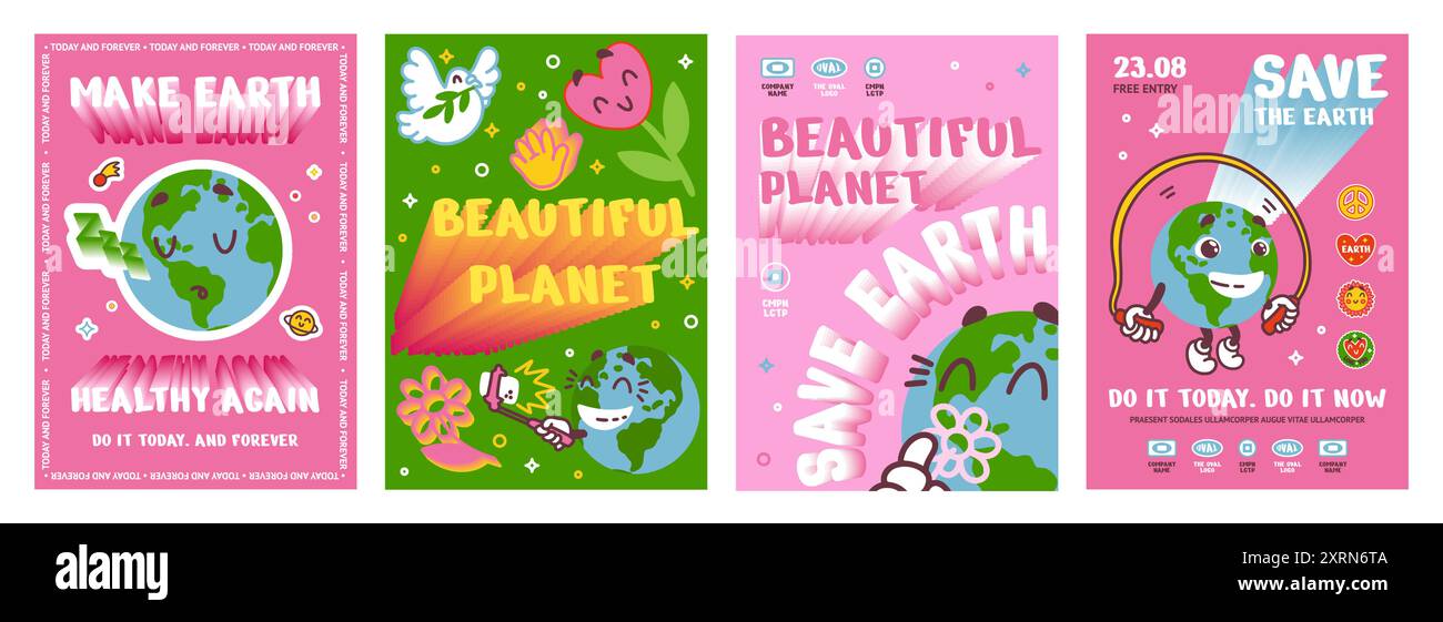 Earth Day posters. Green planet retro characters. Nature save. Eco ...