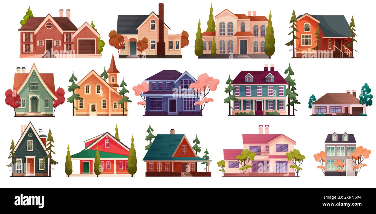 Home icons. Color buildings. Residential real estate. Suburb houses ...