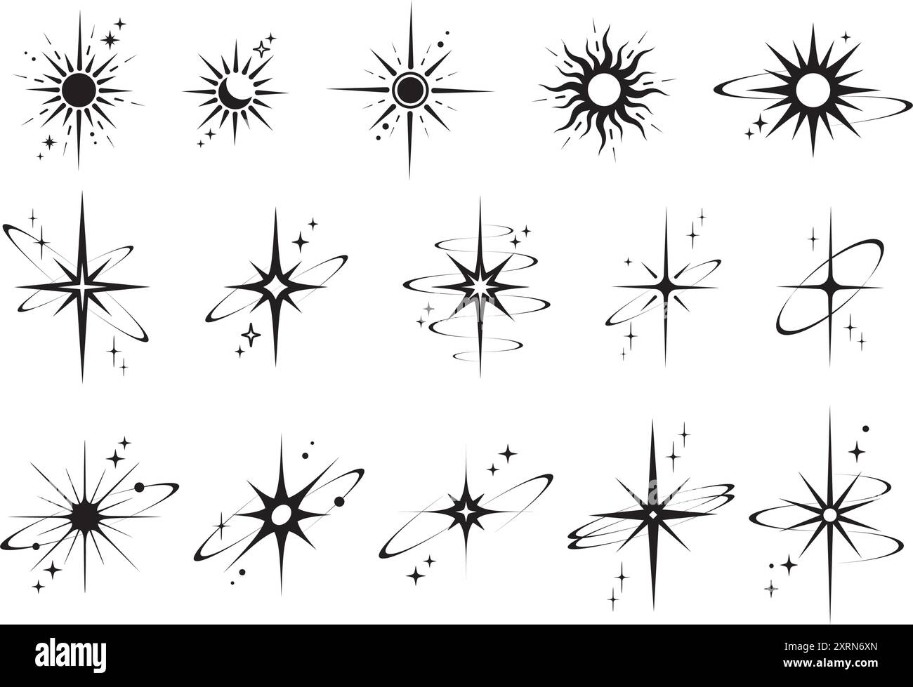 Line icons of stars. Y2k shiny elements. Sparkles and glitter symbols ...