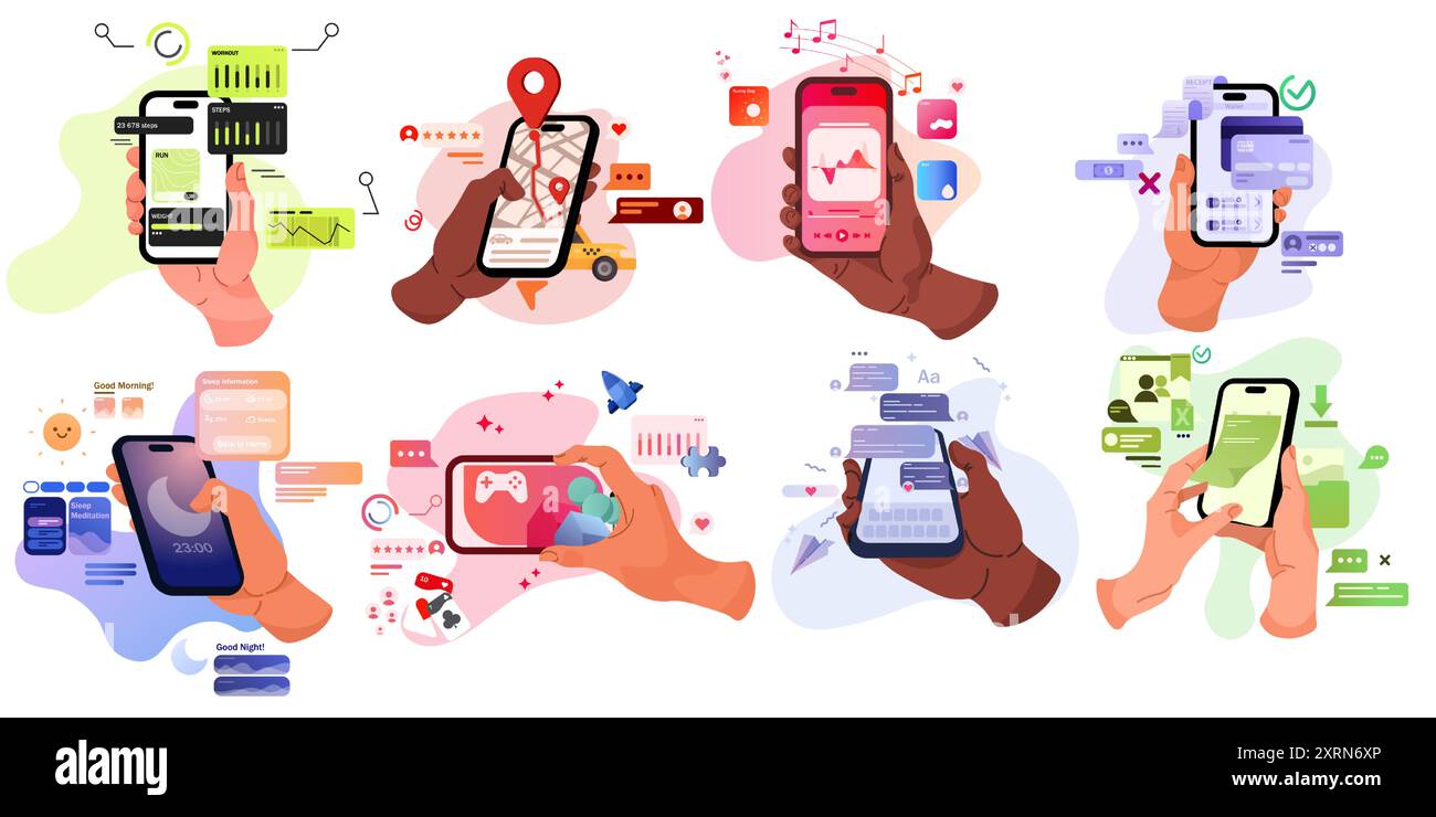 Hand hold phone. Mobile application. Retro smartphone stickers. Doodle ...