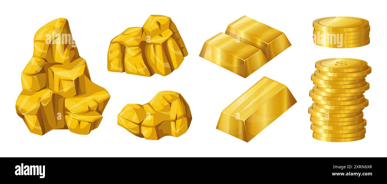 Gold bar. Golden nugget. Coins stack. Jewel boulders. Expensive metal ...