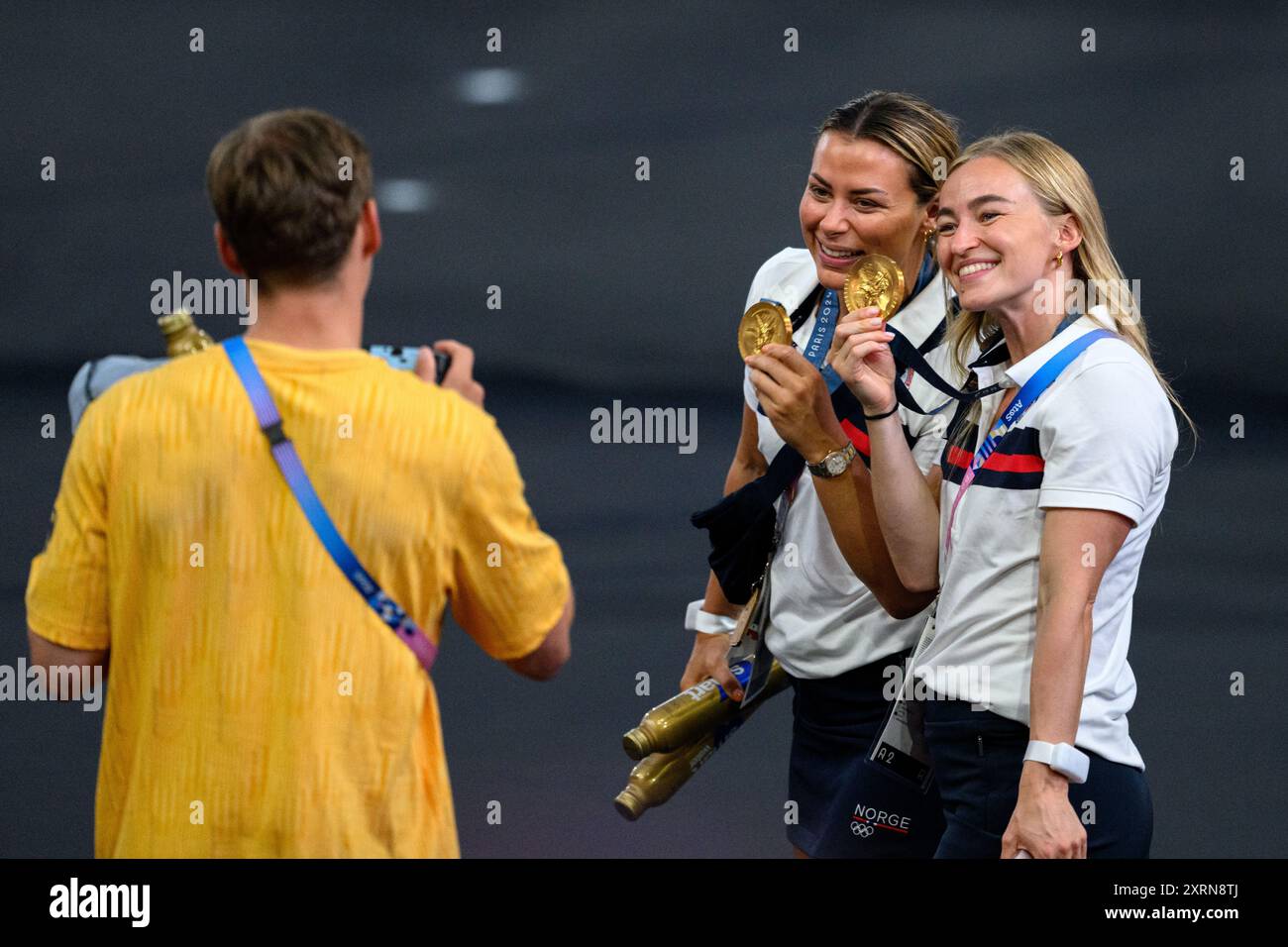 Nora Mørk and Stine Bredal Oftedal of, Norway. , . with their gold medals during the Closing ...