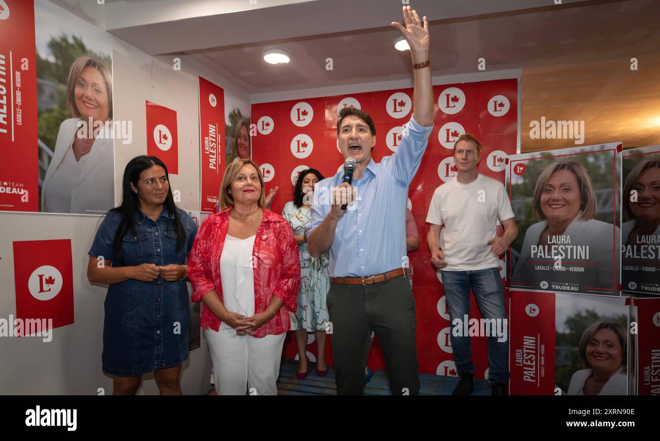 Prime Minister Justin Trudeau speaks at the riding office of Laura ...