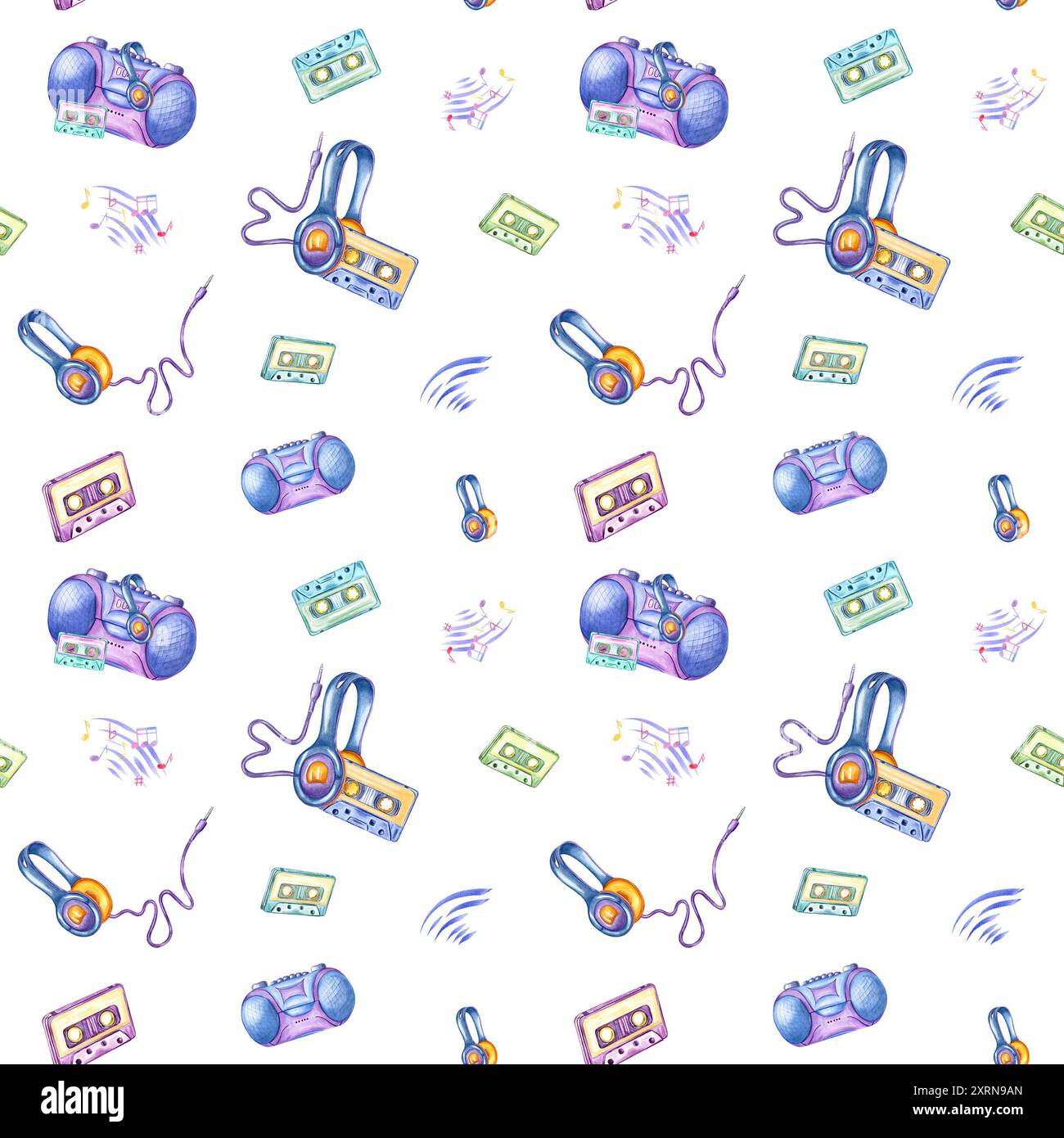 Wired headphones, Audio cassette, Tape recorder. Sounds of music and ...